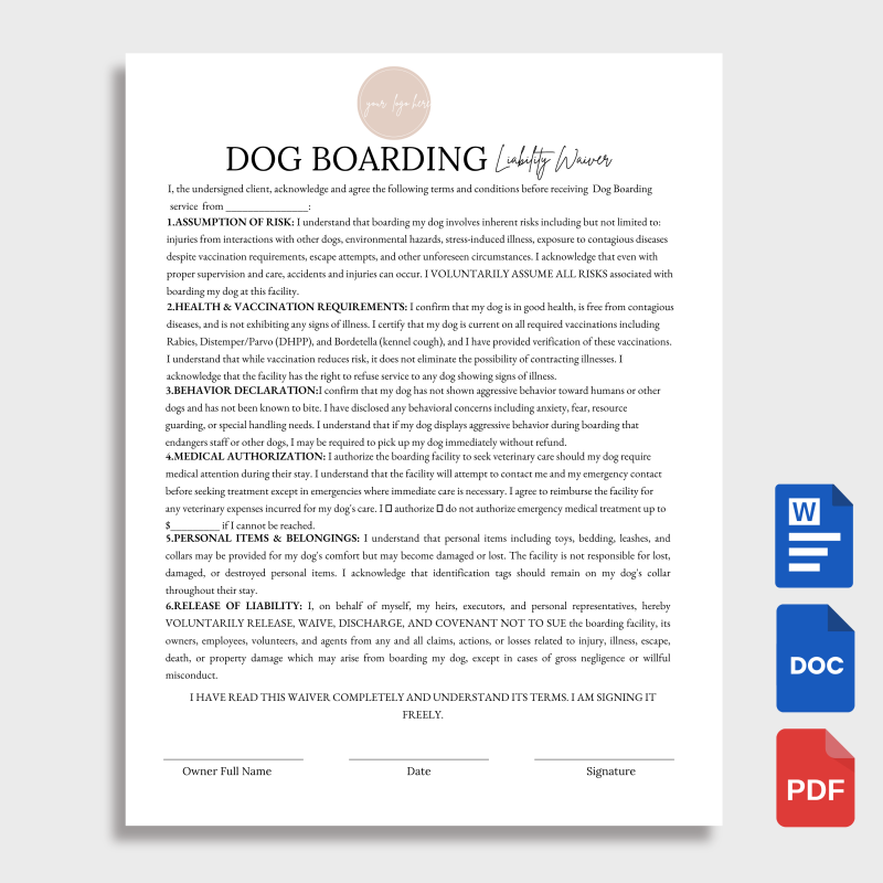 Editable Simple Dog Boarding Liability Waiver