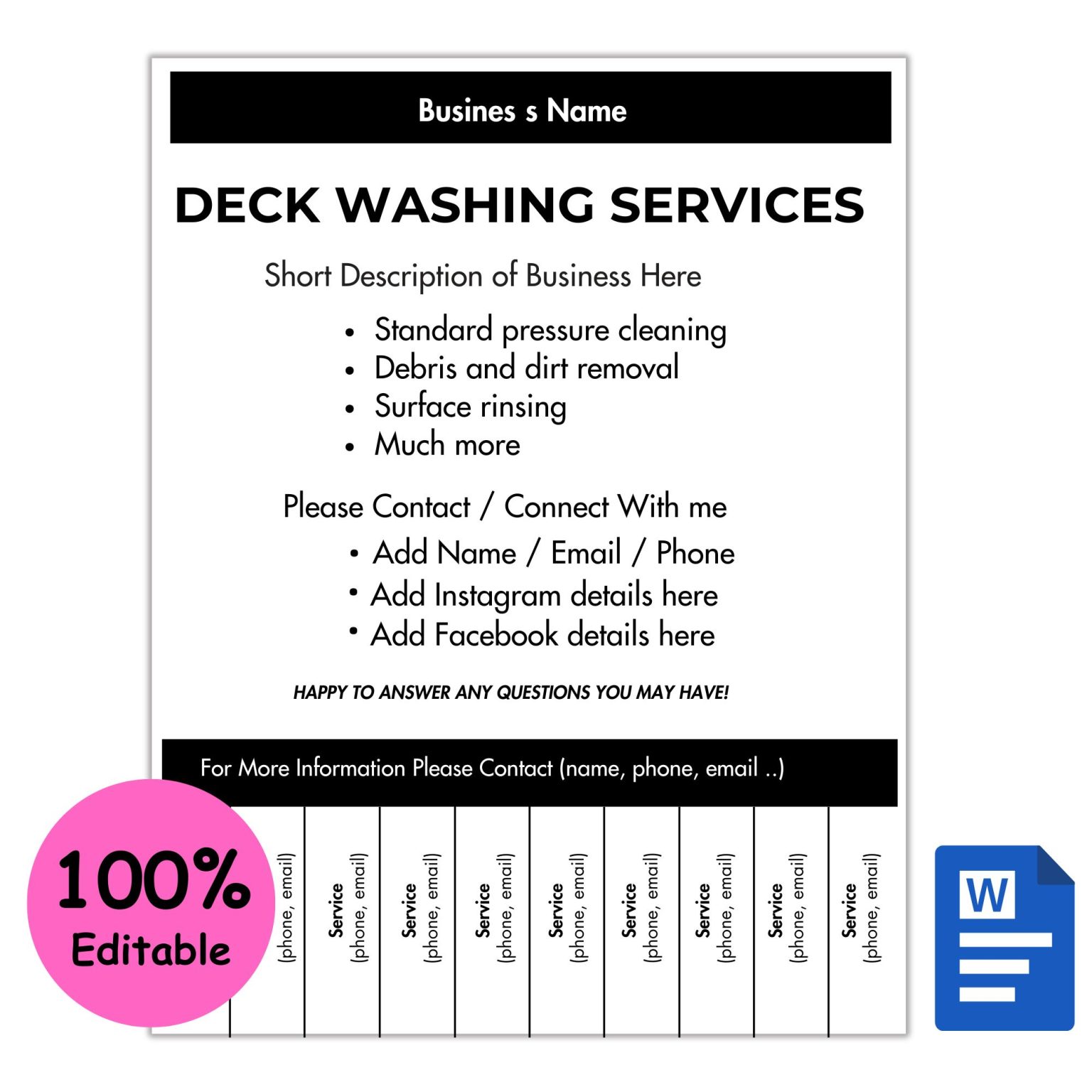 EDITABLE Deck Washing Services Tear-off Flyer