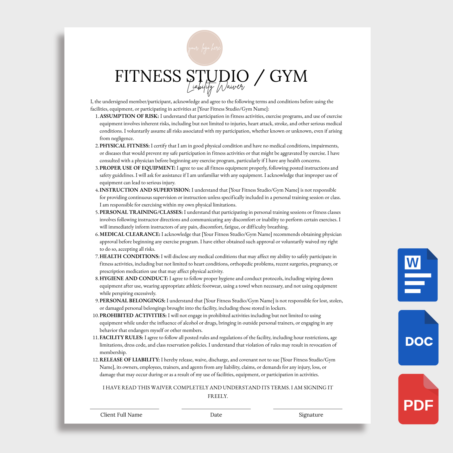 Editable Simple Fitness Studio Gym Liability Waiver