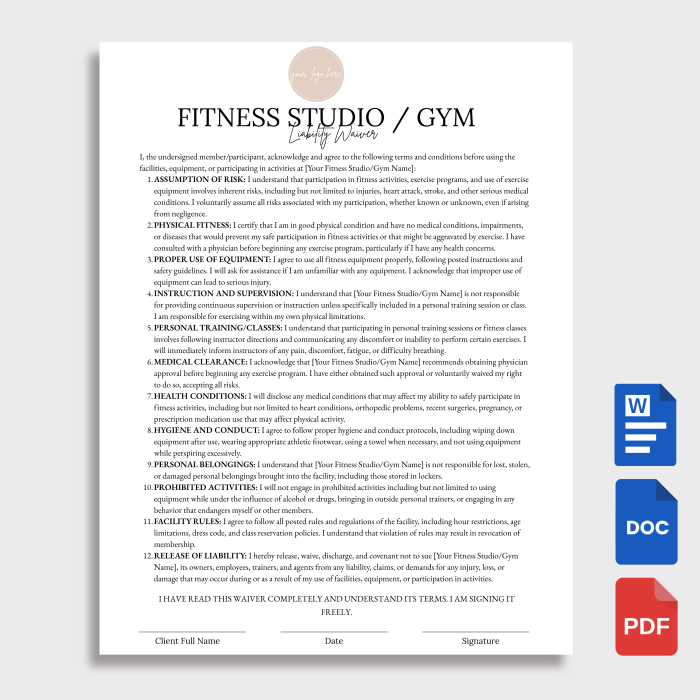 Editable Simple Fitness Studio Gym Liability Waiver