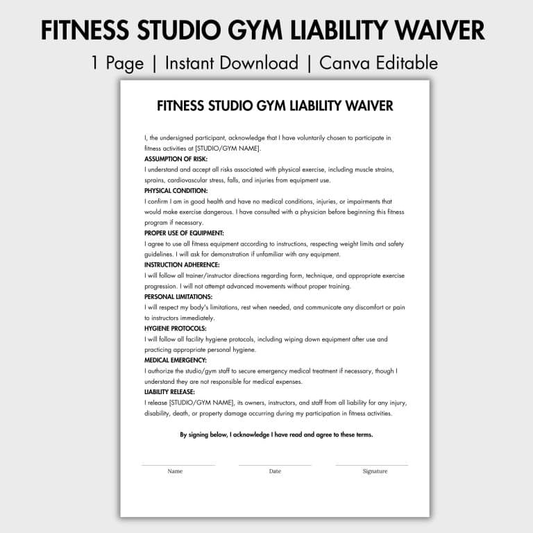 Editable Simple Fitness Studio Gym Liability Waiver