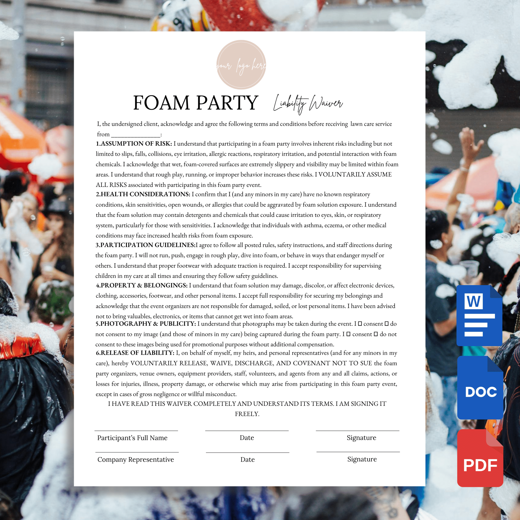 Editable Simple Foam Party Liability Waiver