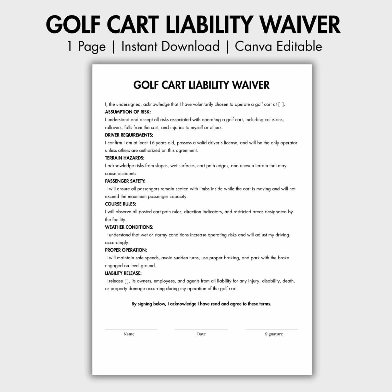 Editable Simple Golf Cart Liability Waiver
