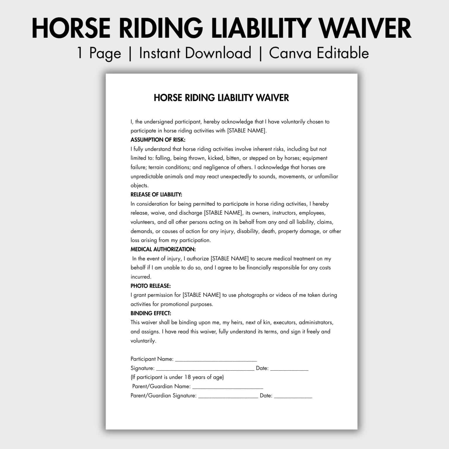 Editable Simple Horse Riding Liability Waiver