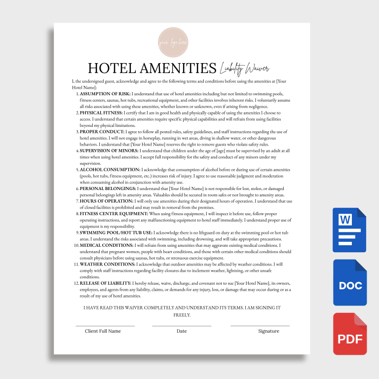 Editable Simple Hotel Amenities Liability Waiver