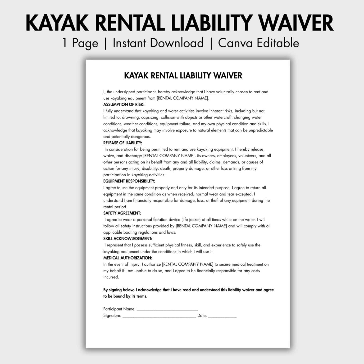 Editable Simple Kayak Rental Liability Waiver