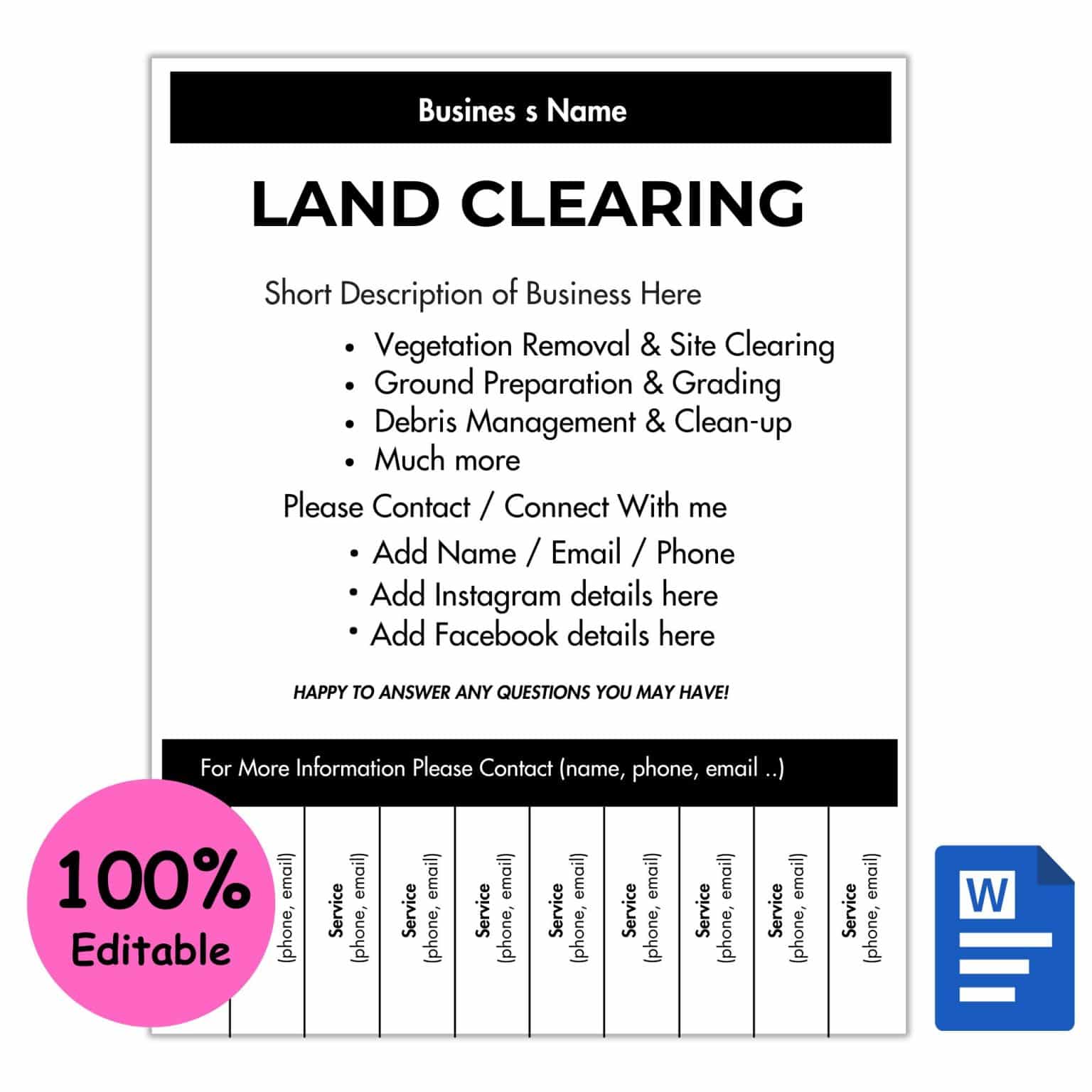 EDITABLE Land Clearing Tear-off Flyer