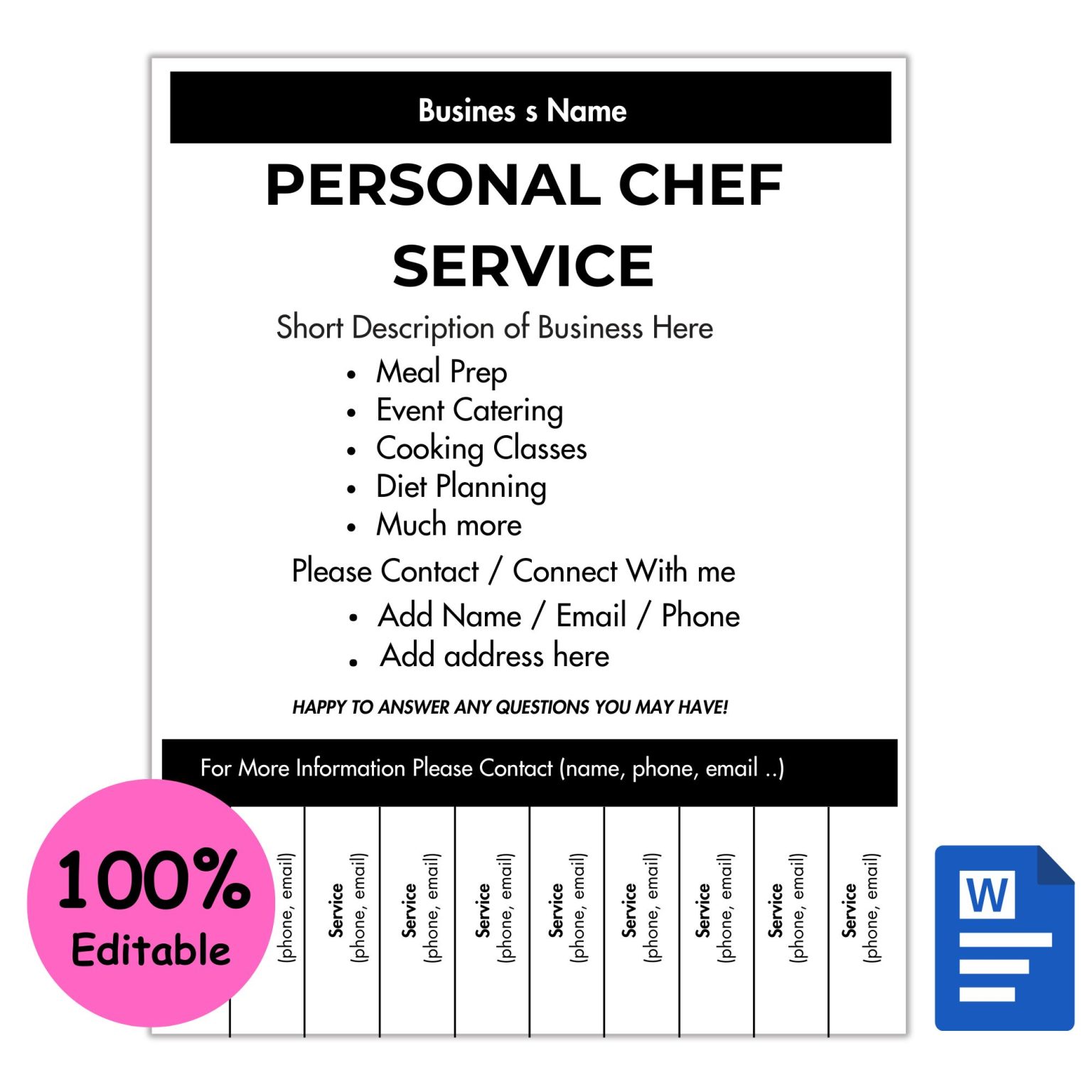 EDITABLE Personal Chef Service Tear-off Flyer