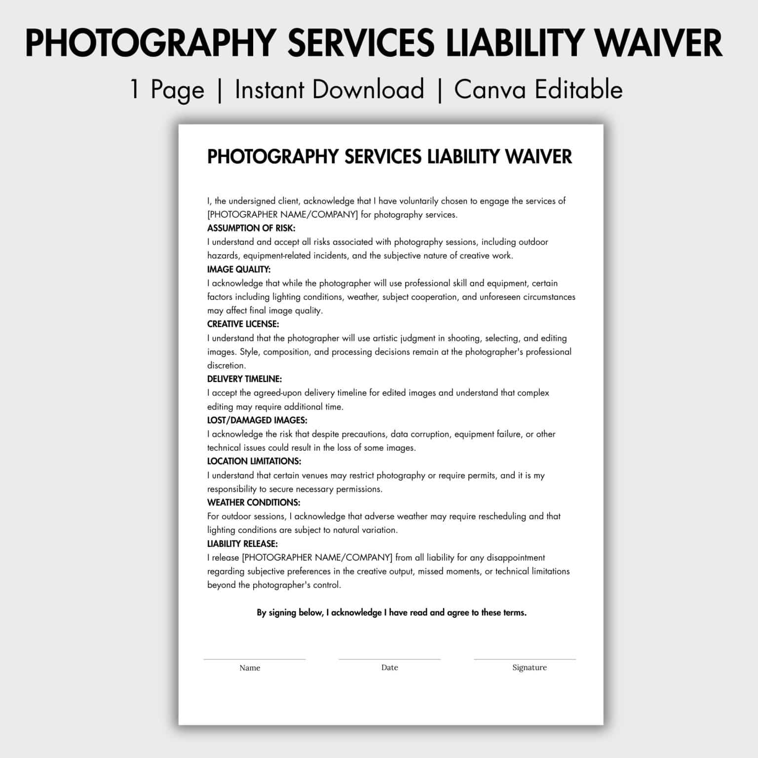 Editable Simple Photography Services Liability Waiver