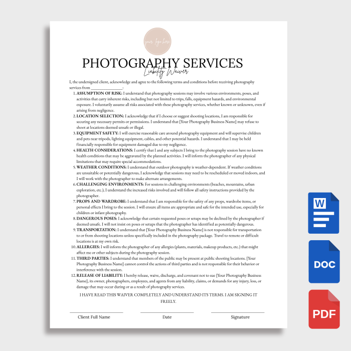 Editable Simple Photography Services Liability Waiver