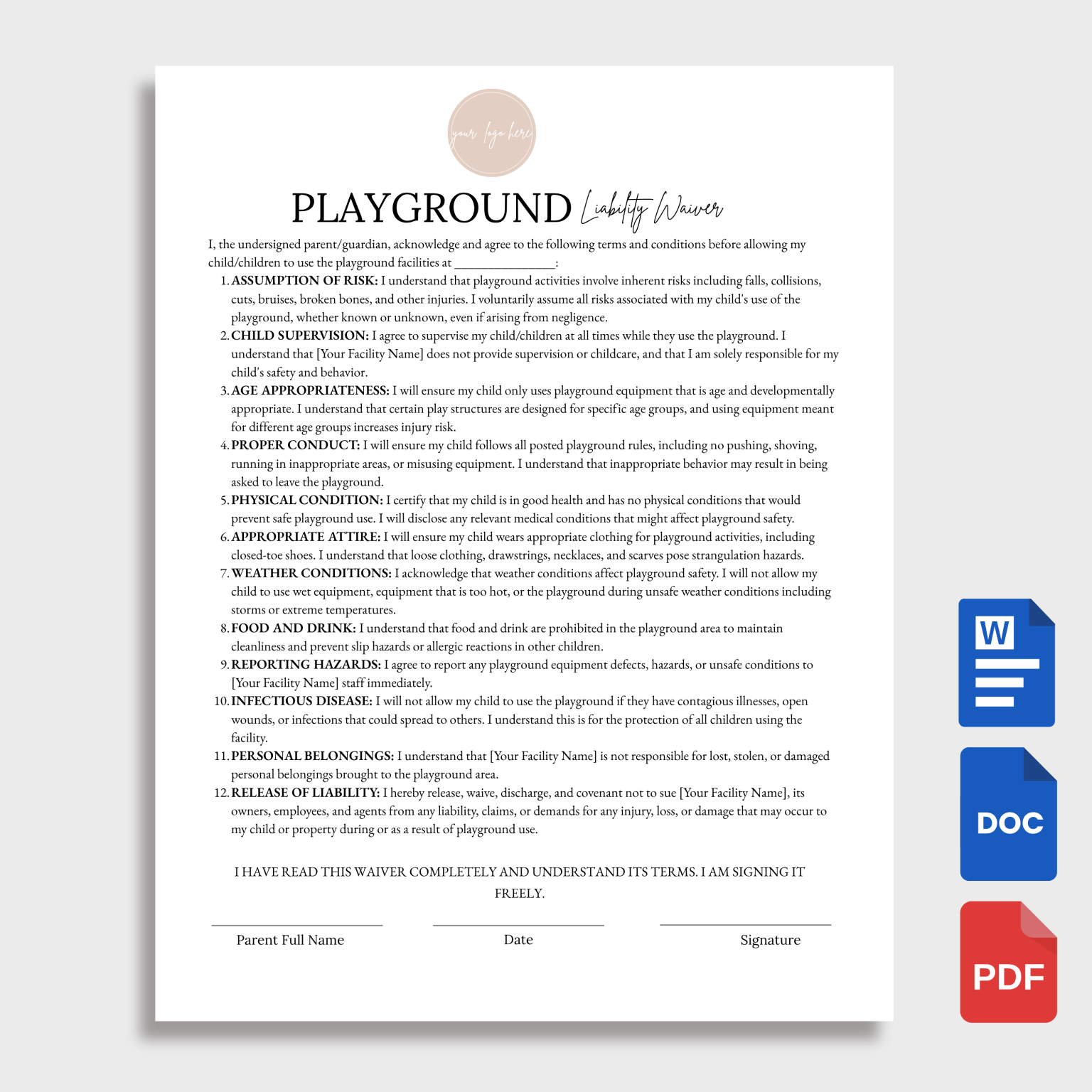 Editable Simple Playground Liability Waiver