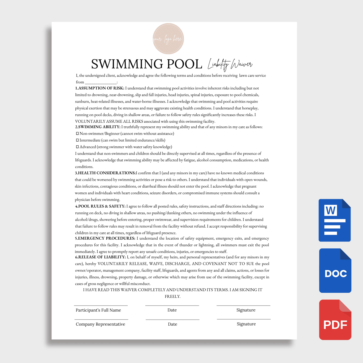 Editable Simple Swimming Pool Liability Waiver