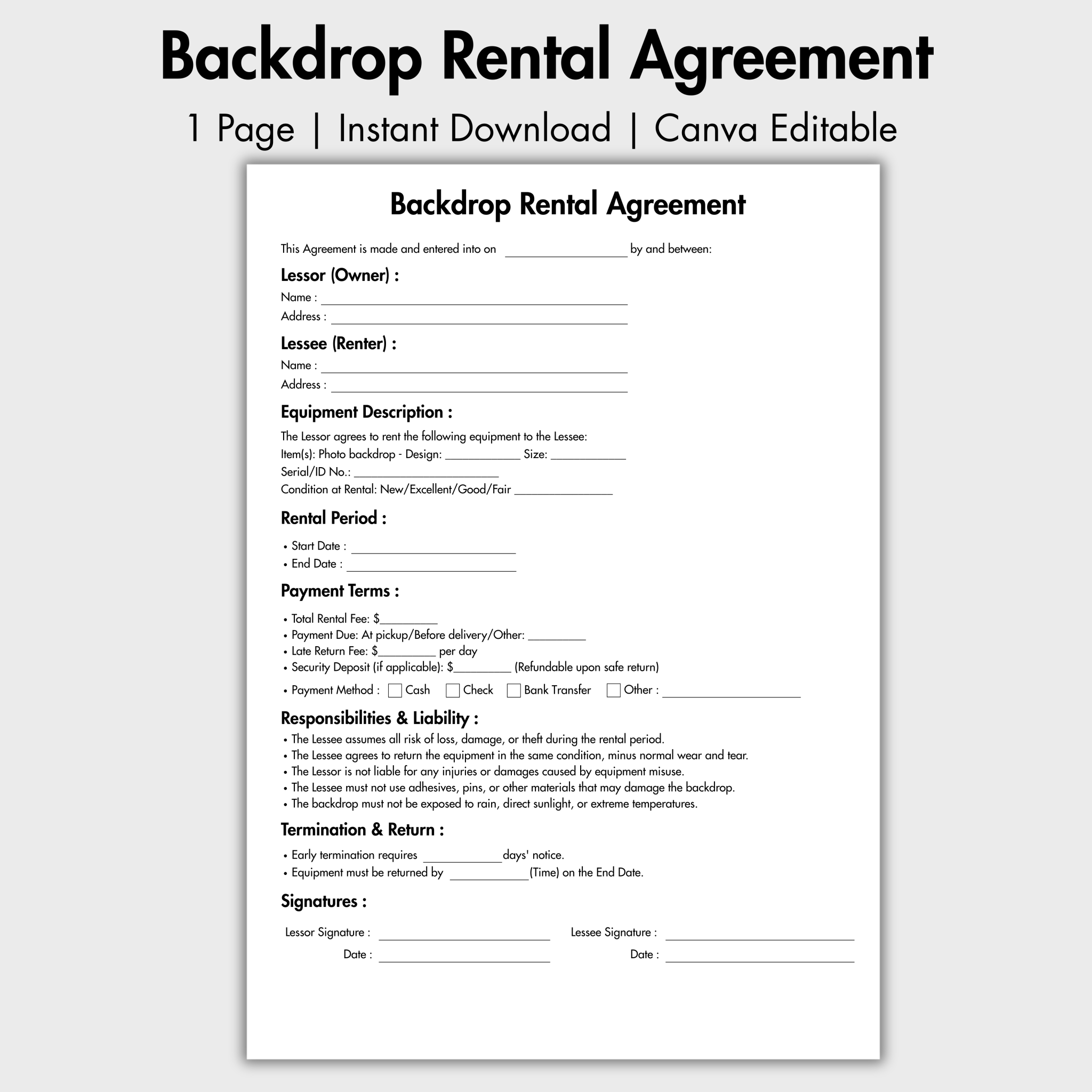 EDITABLE Simple Backdrop Rental Agreement