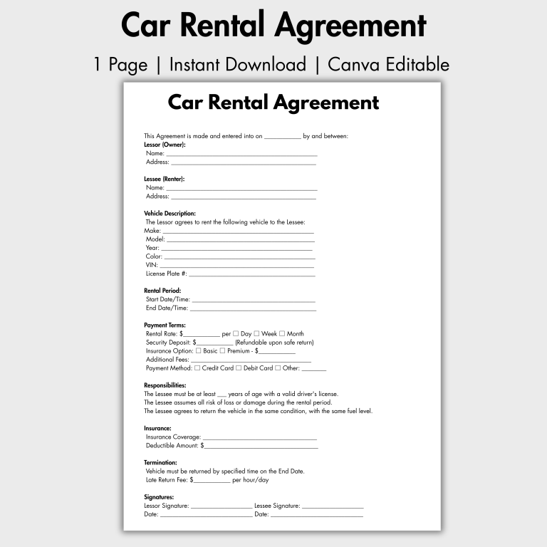 EDITABLE Simple Car Rental Agreement