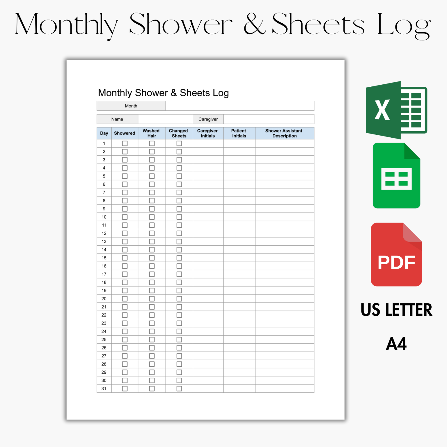 EDITABLE Google Sheets & Excel Assisted Living Monthly Shower & Bed ...