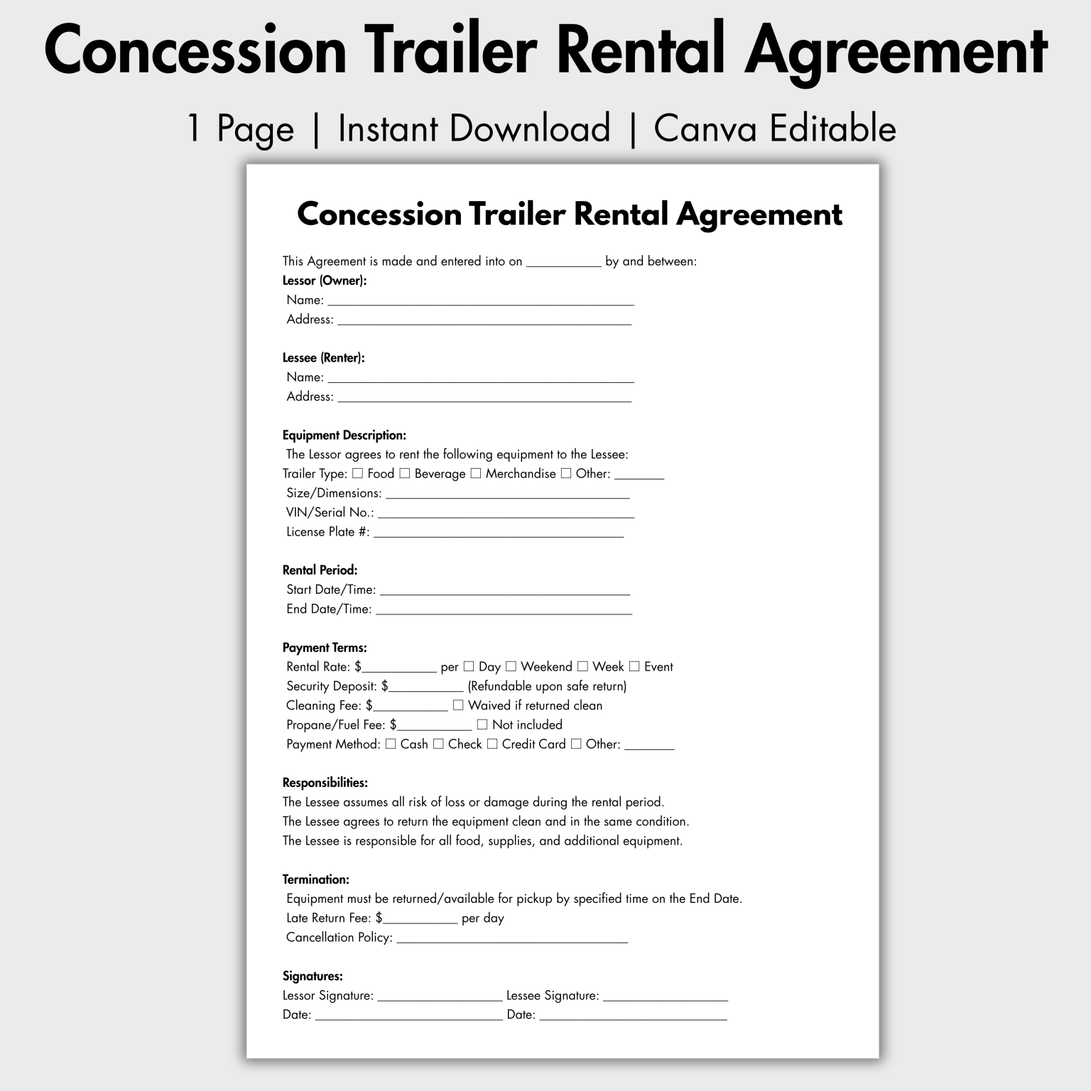 EDITABLE Simple Concession Trailer Rental Agreement