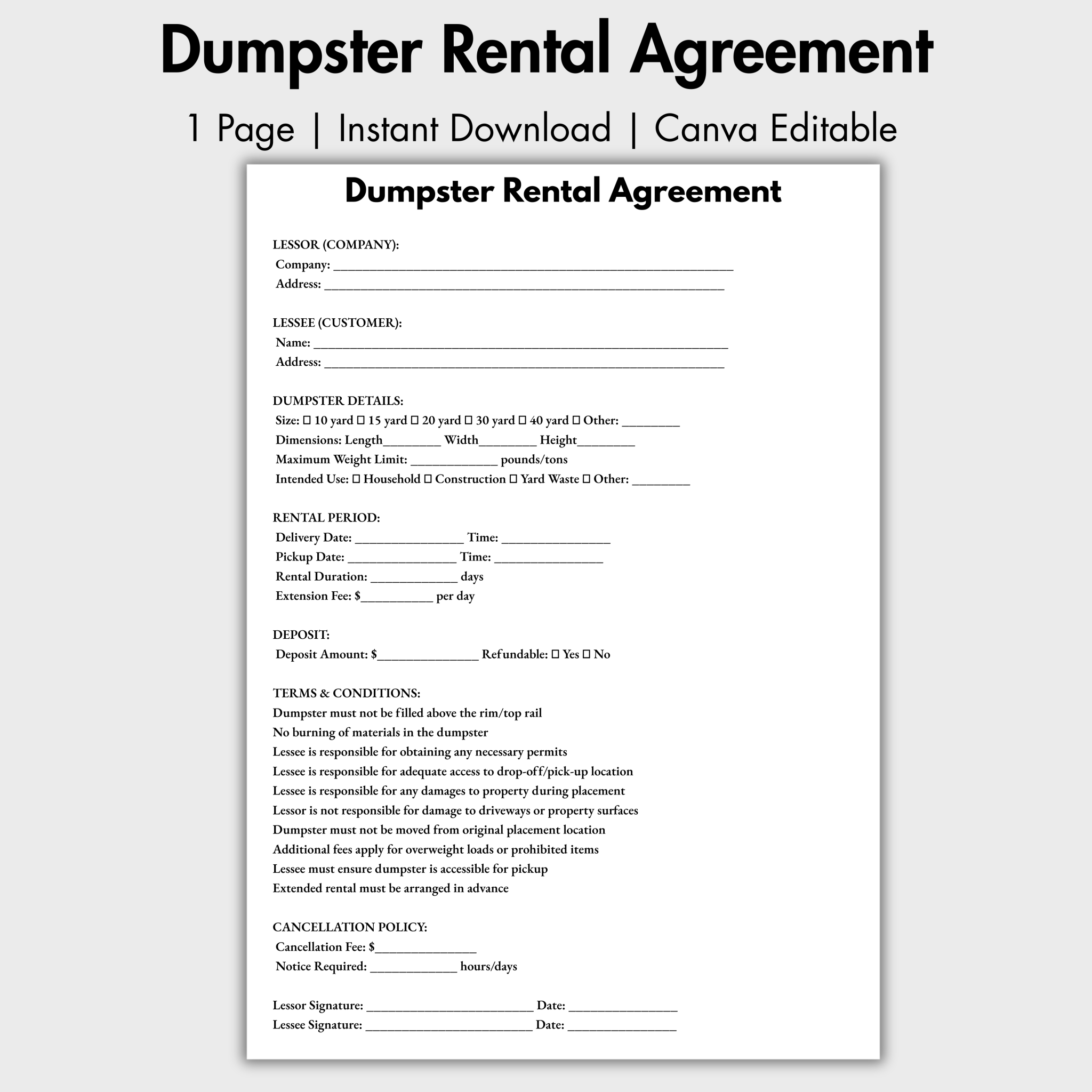 EDITABLE Simple Dumpster Rental Agreement