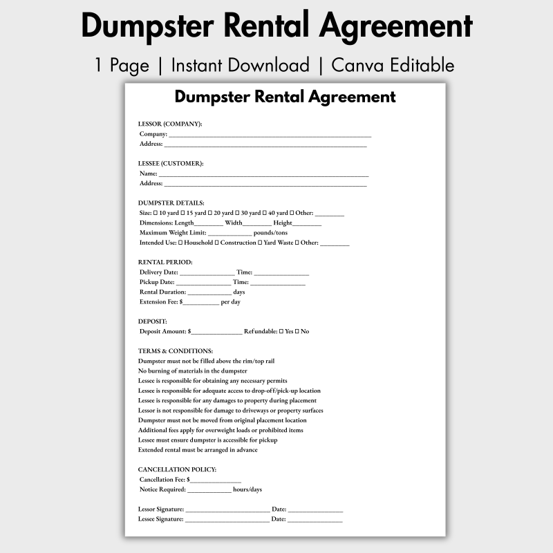 EDITABLE Simple Dumpster Rental Agreement