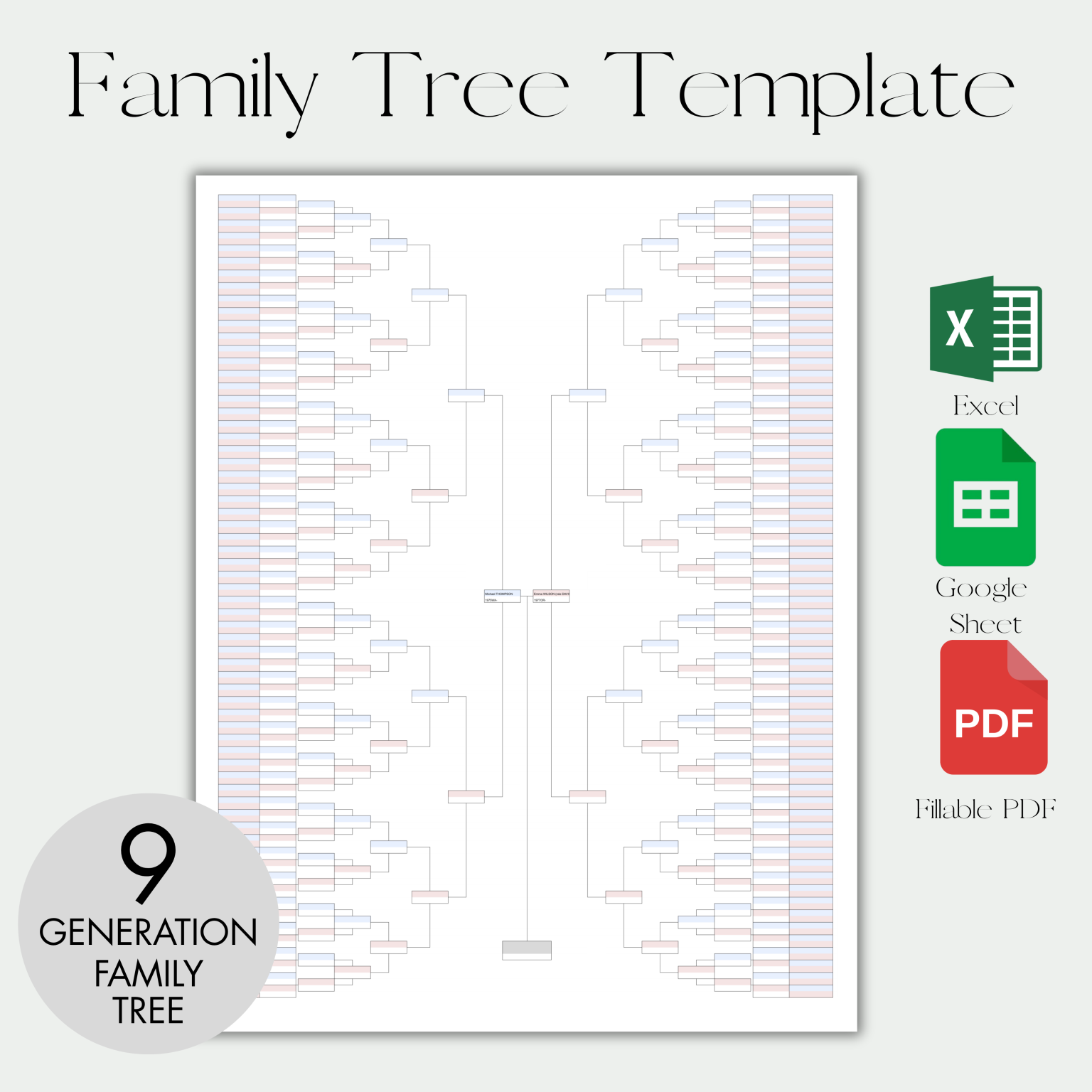 Excel Google Sheet Fillable Pdf Printable 9 Generation Family Tree Template
