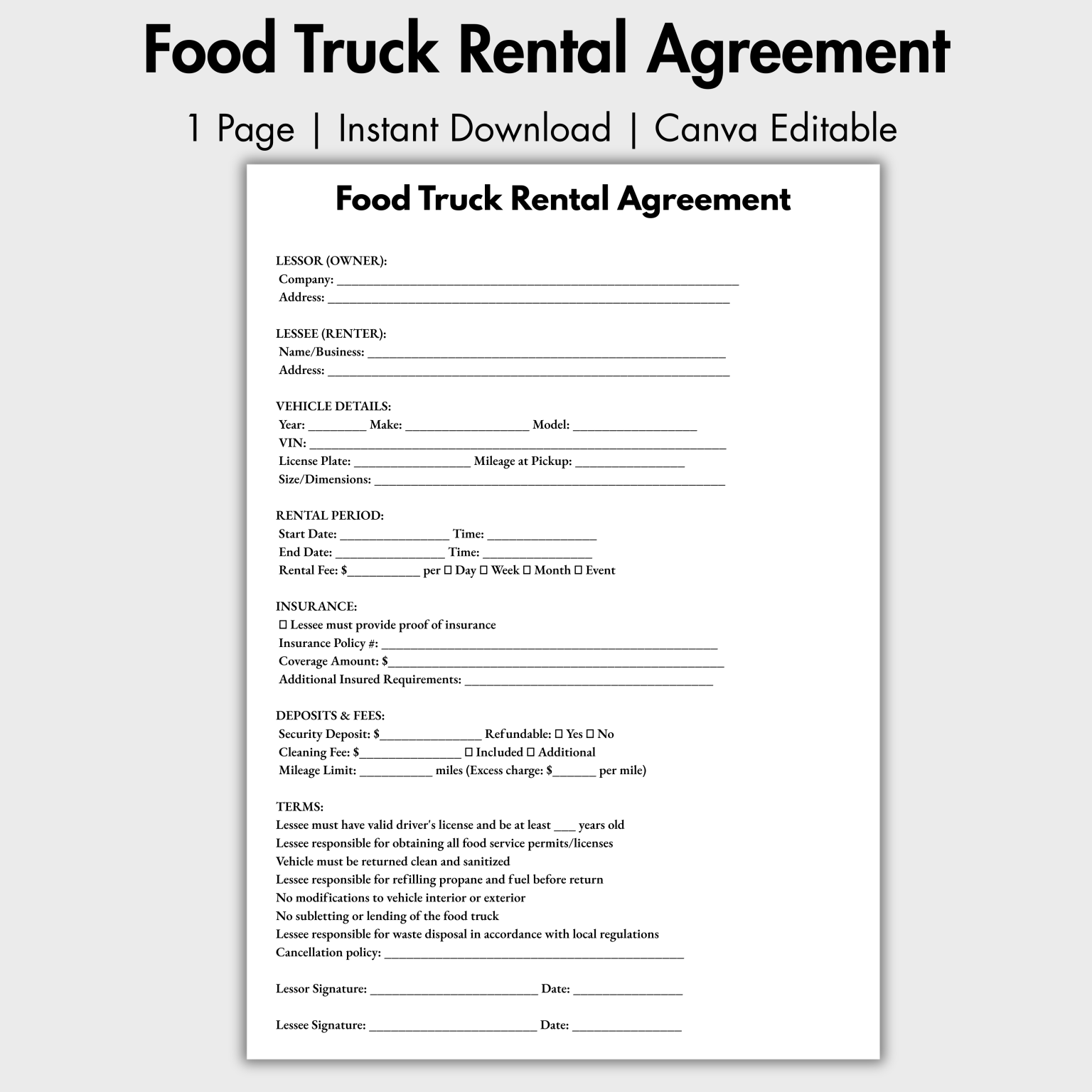 EDITABLE Simple Food Truck Rental Agreement