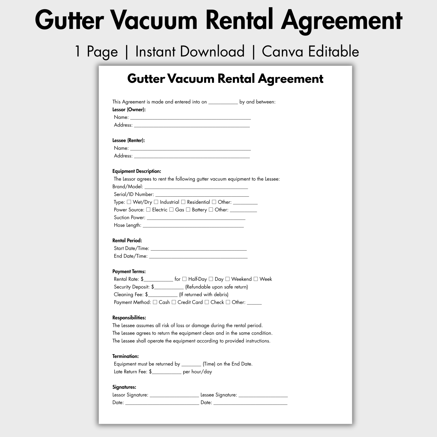 EDITABLE Simple Gutter Vacuum Rental Agreement