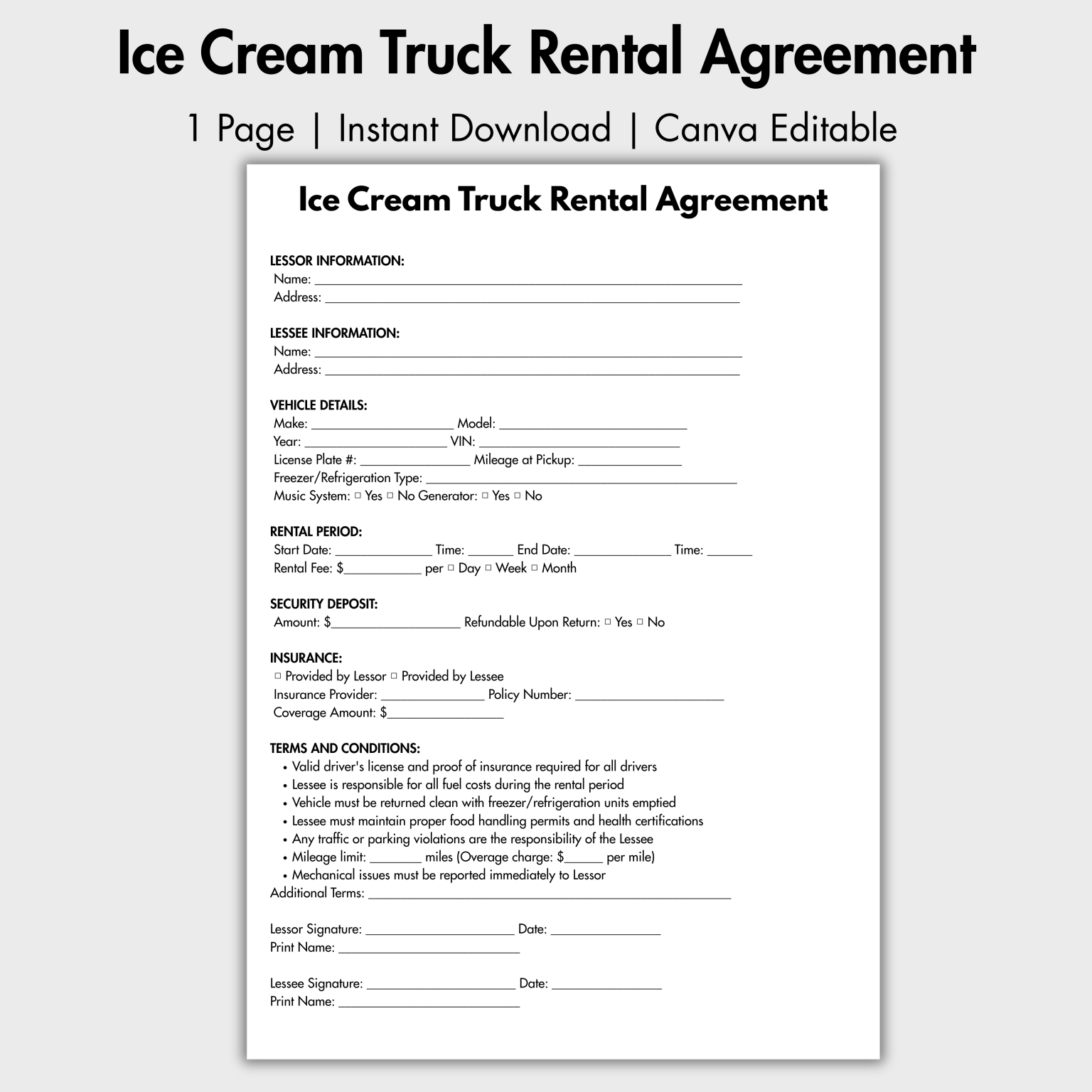 EDITABLE Simple Ice Cream Truck Rental Agreement