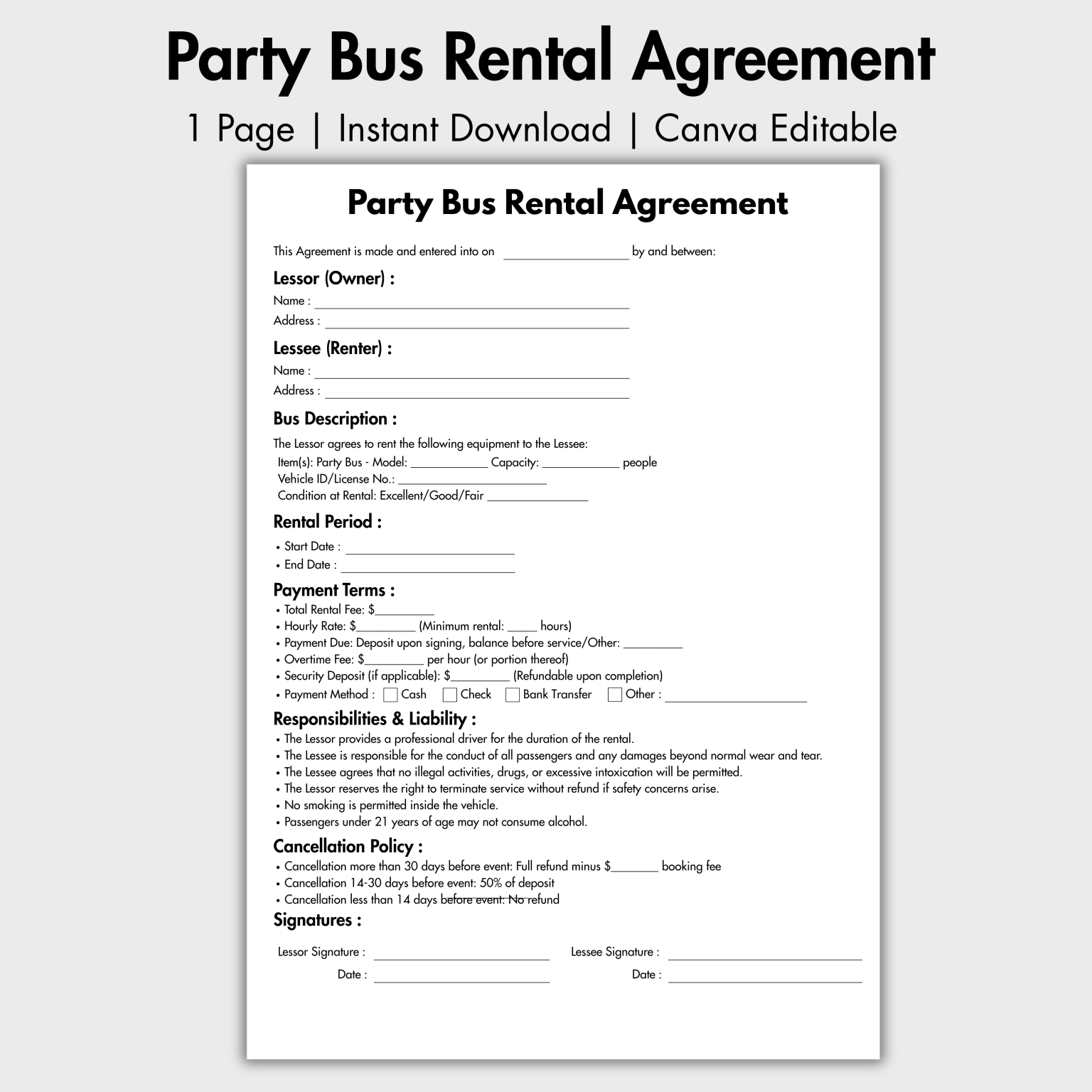 EDITABLE Simple Party Bus Rental Agreement
