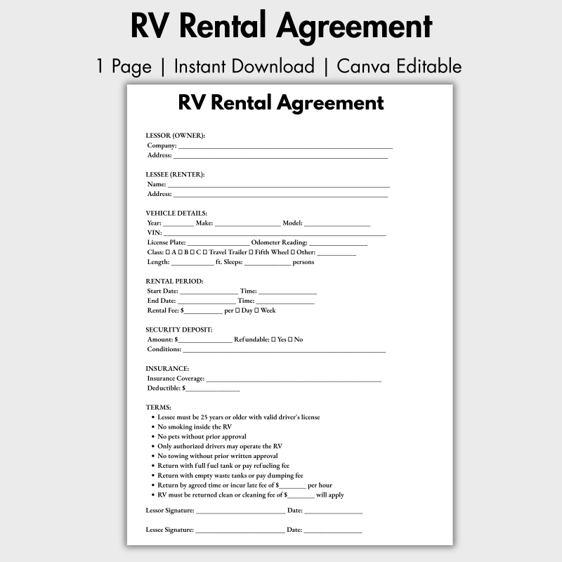EDITABLE Simple RV Rental Agreement
