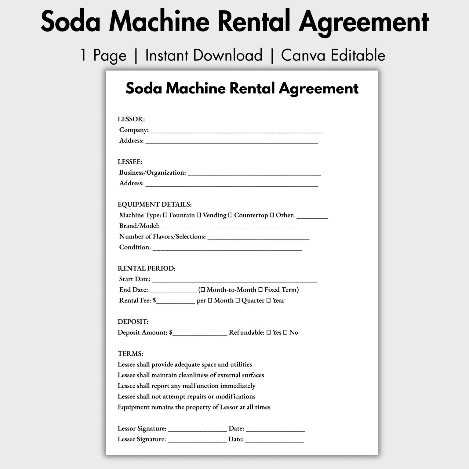 EDITABLE Simple Soda Machine Rental Agreement