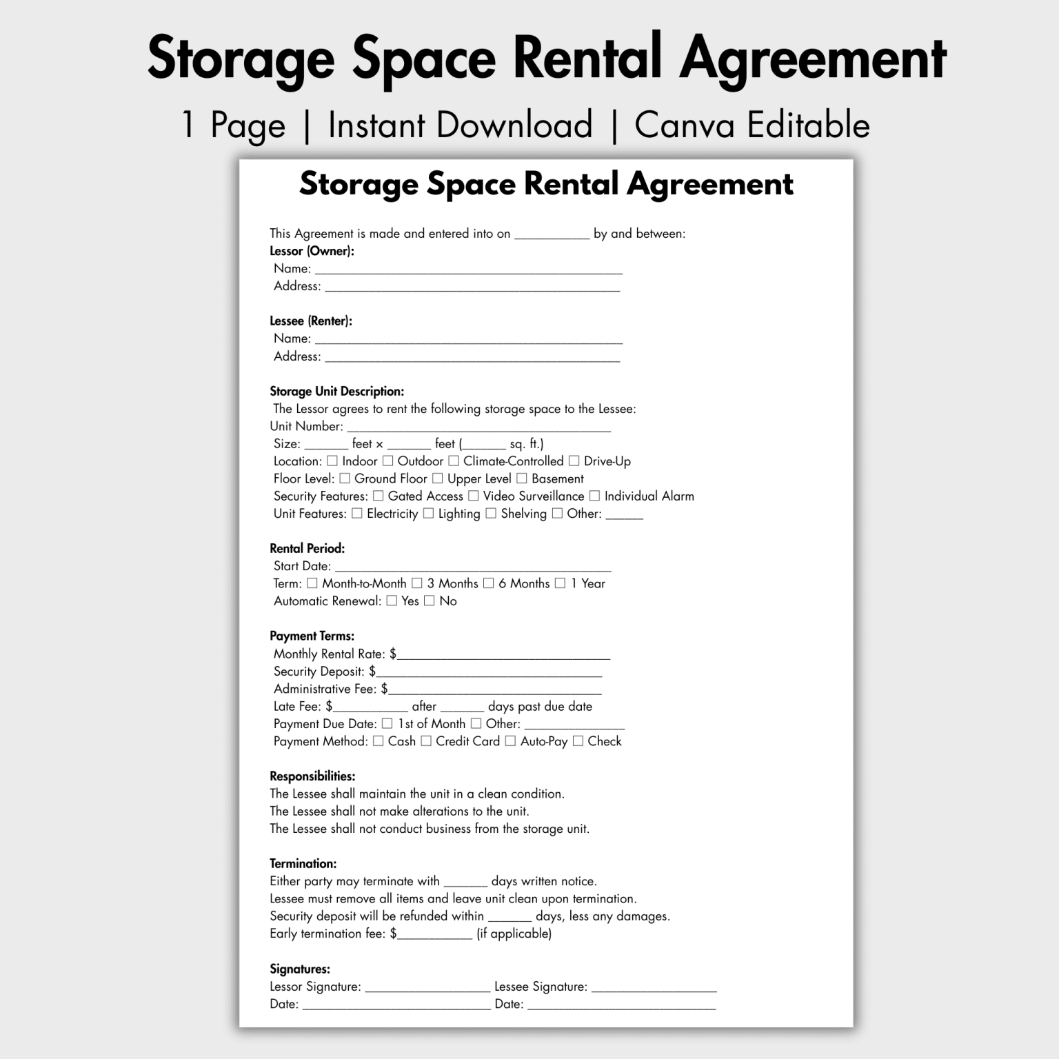 EDITABLE Simple Storage Space Rental Agreement