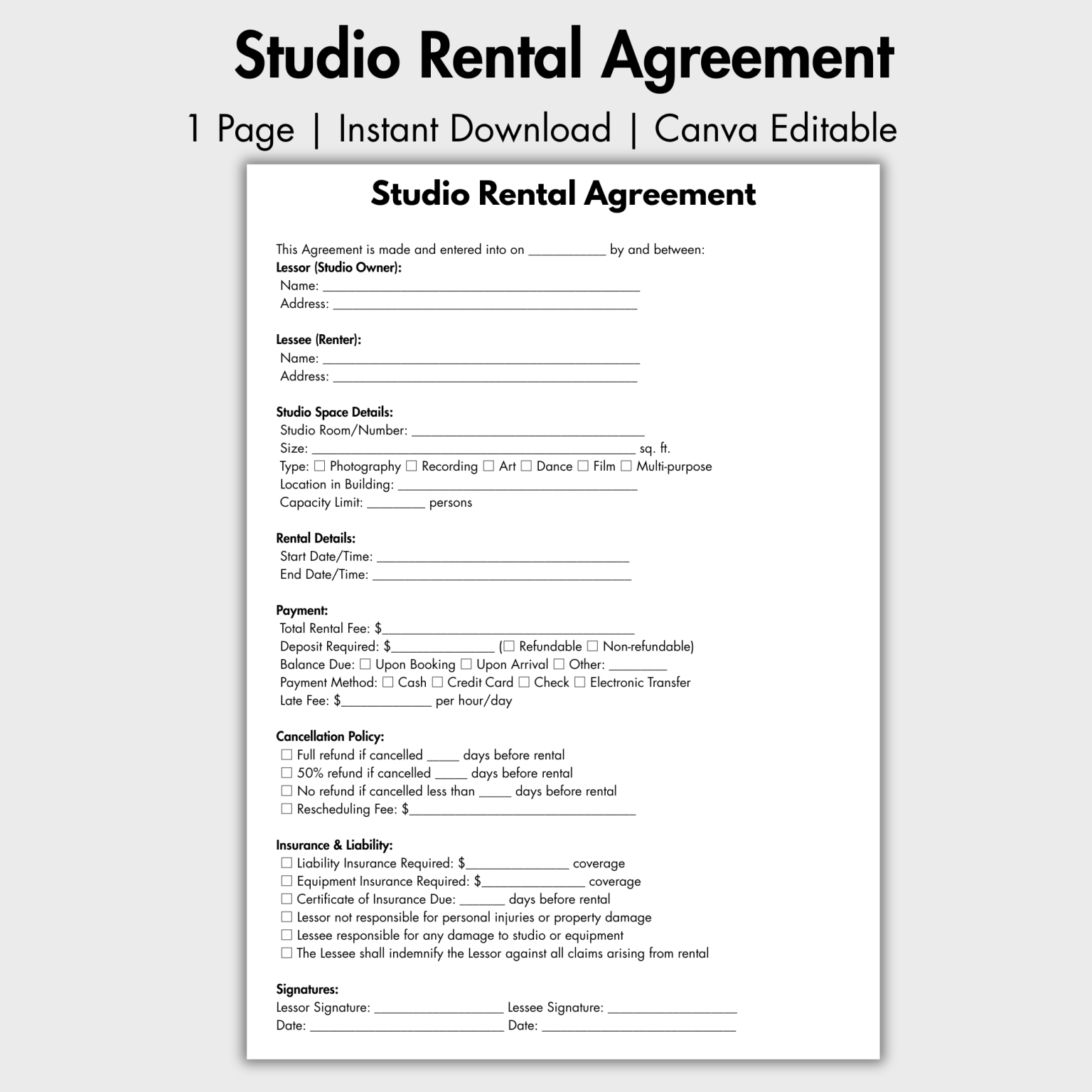 EDITABLE Simple Studio Rental Agreement