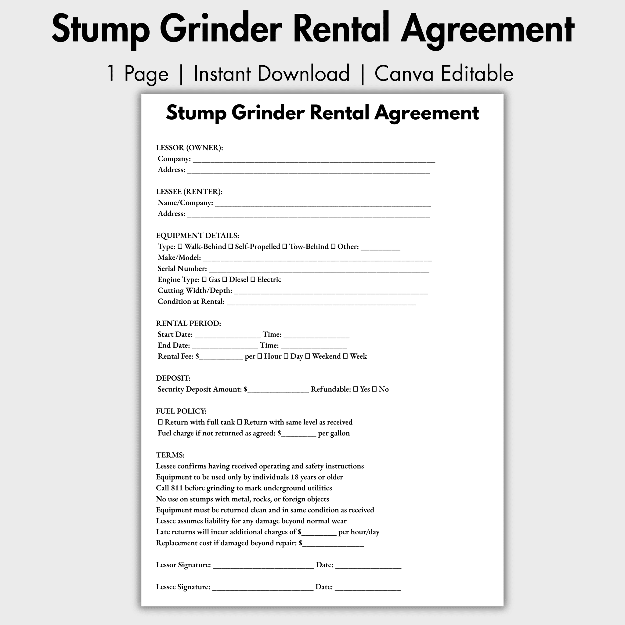 EDITABLE Simple Stump Grinder Rental Agreement
