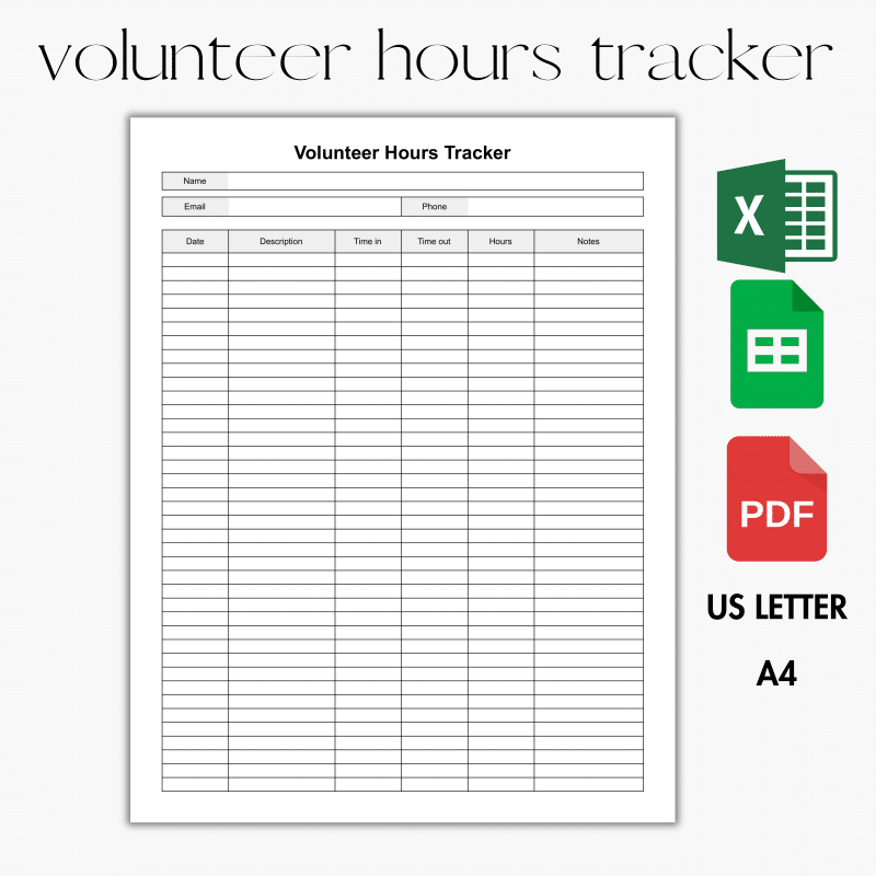 Google Sheet & Excel PDF Printable Volunteer Hours Tracker