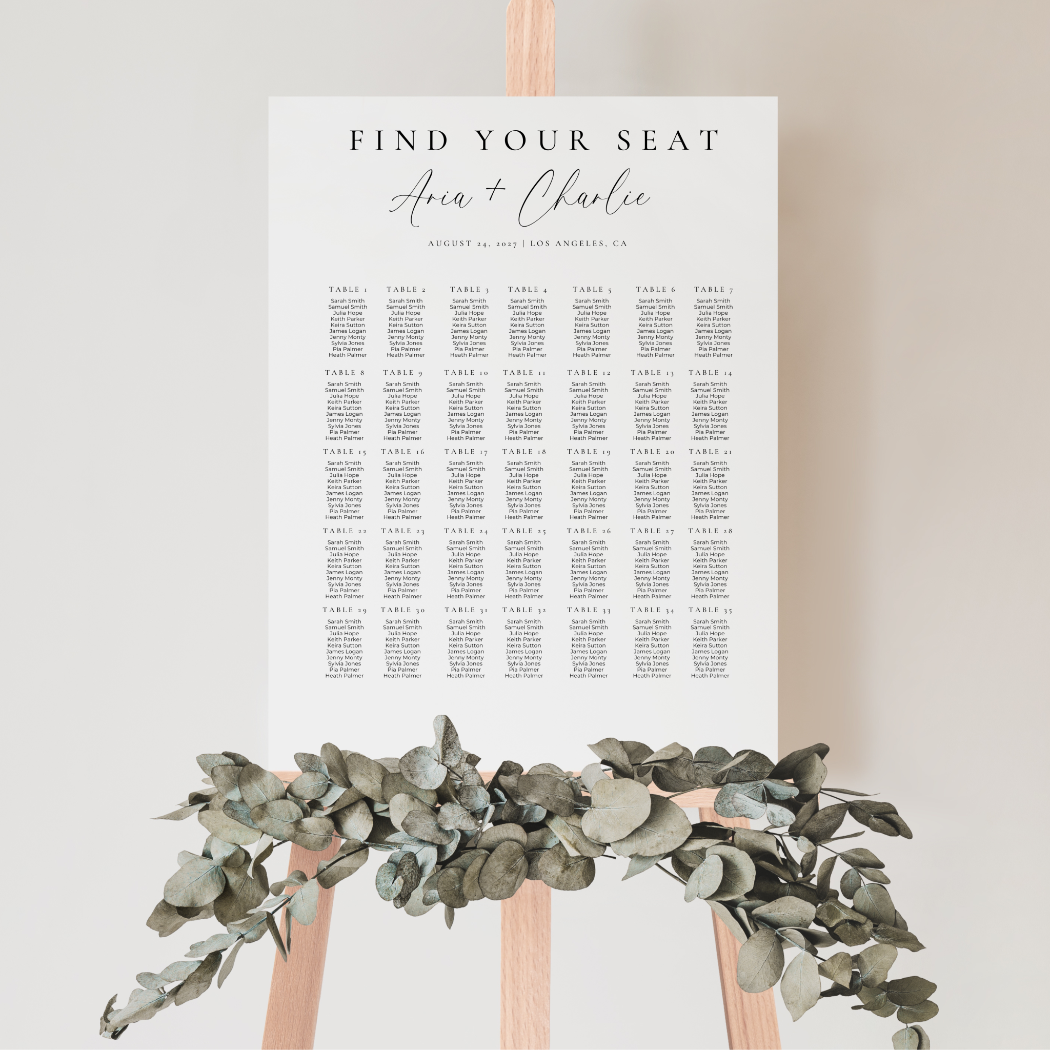 Easily Customizable Wedding Seating Chart 35 tables Large to 350 2 Size