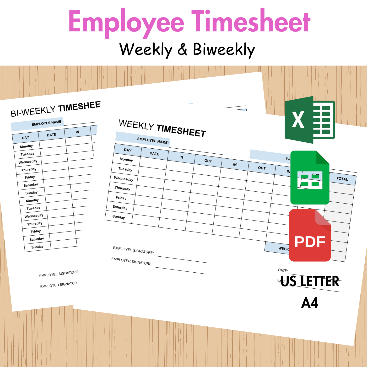 Weekly & Biweekly Employee Timesheet Google Sheet & Excel