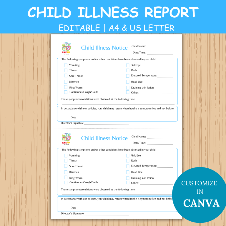 EDITABLE Child Illness Report Printable