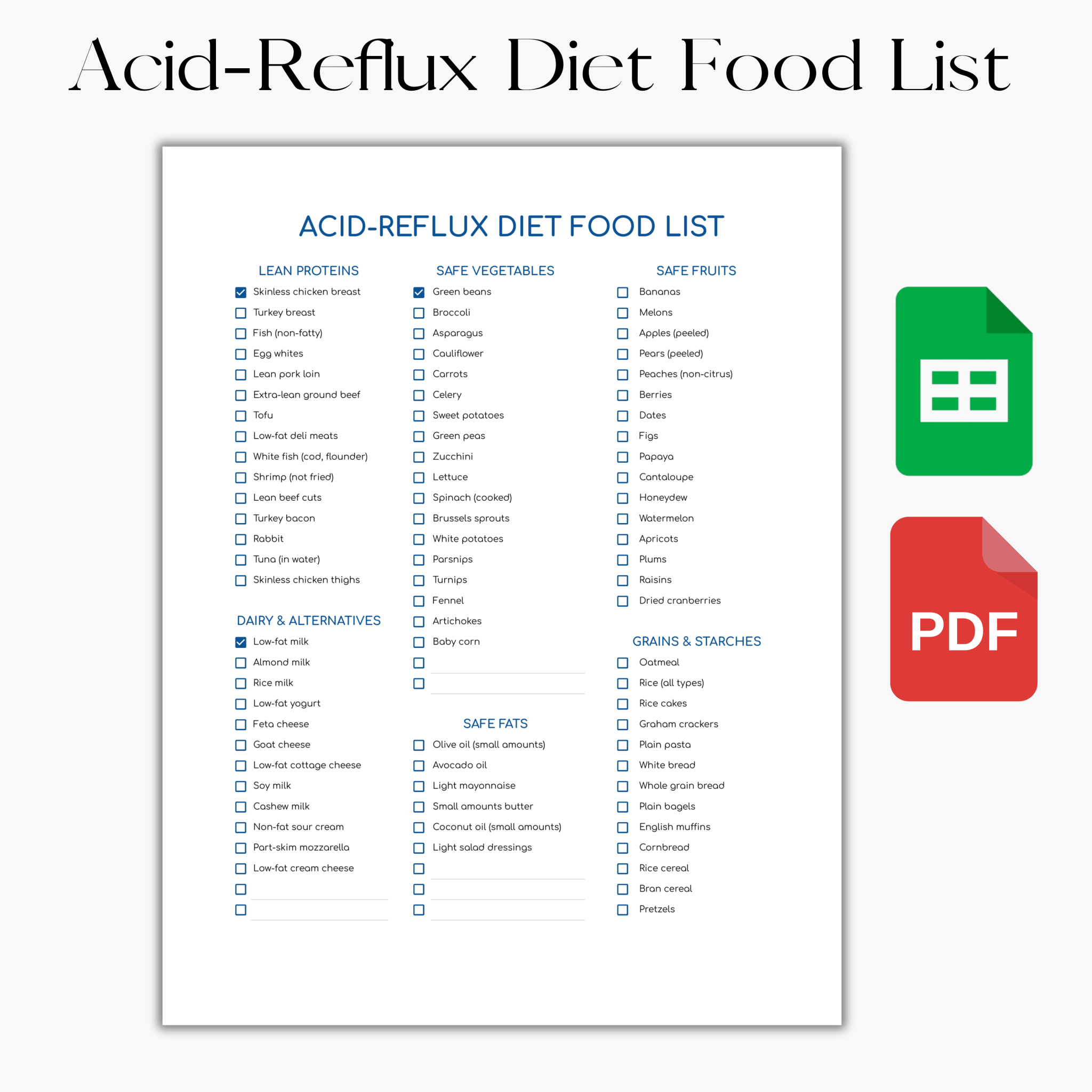 Acid-Reflux Diet Food List and Grocery List (google sheet & PDF)