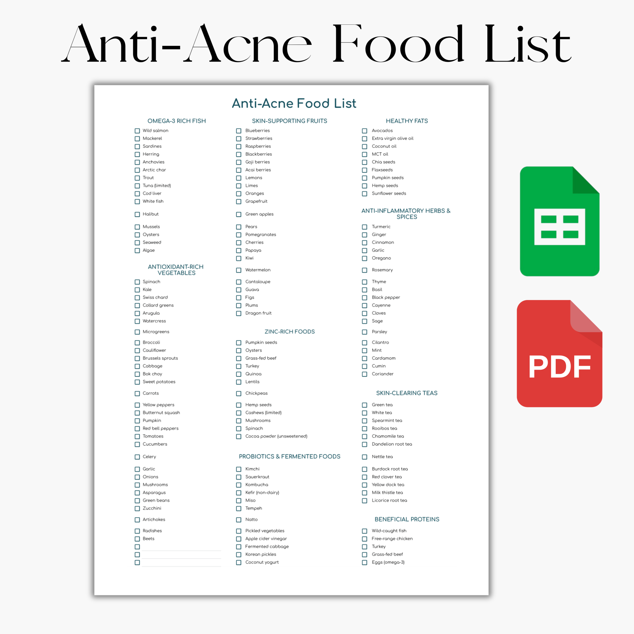 Anti-Acne Diet Food List and Grocery List (google sheet & PDF)