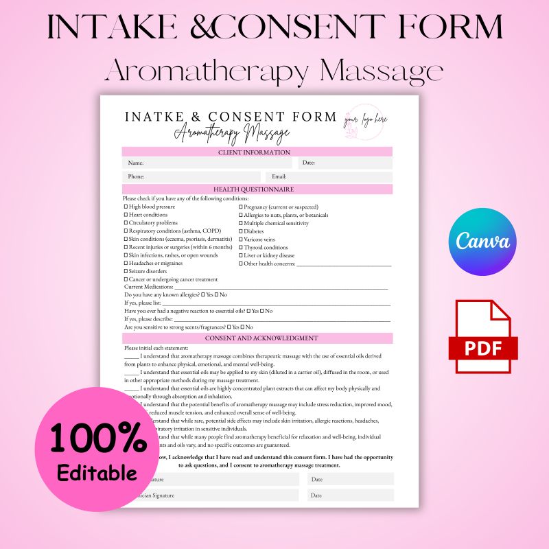 Editable Simple Aromatherapy Massage Intake and Consent Form