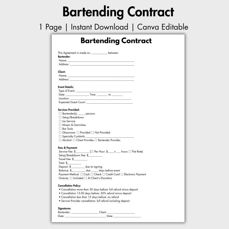 EDITABLE Simple Bartending Contract