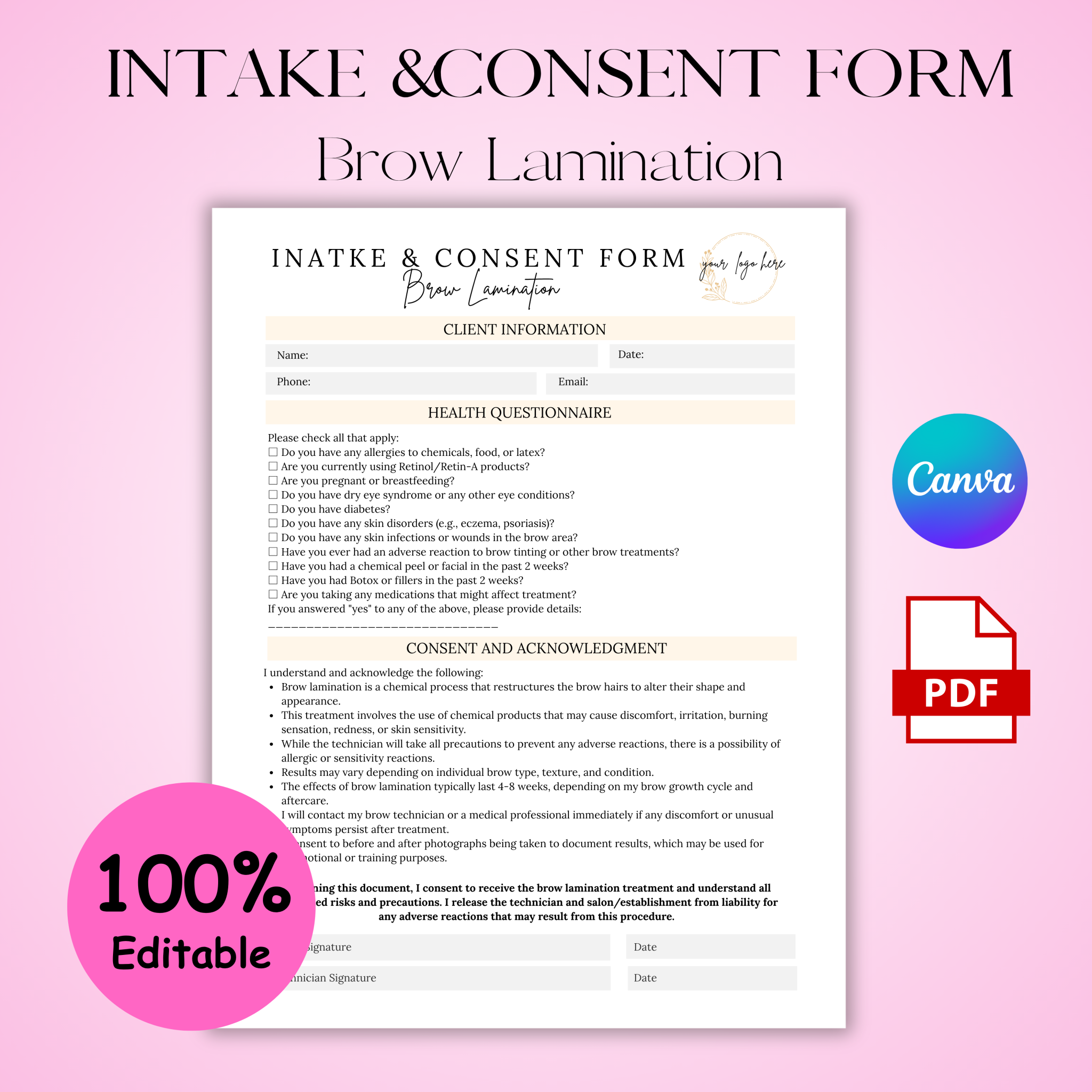 Editable Simple Brow Lamination Intake and Consent Form