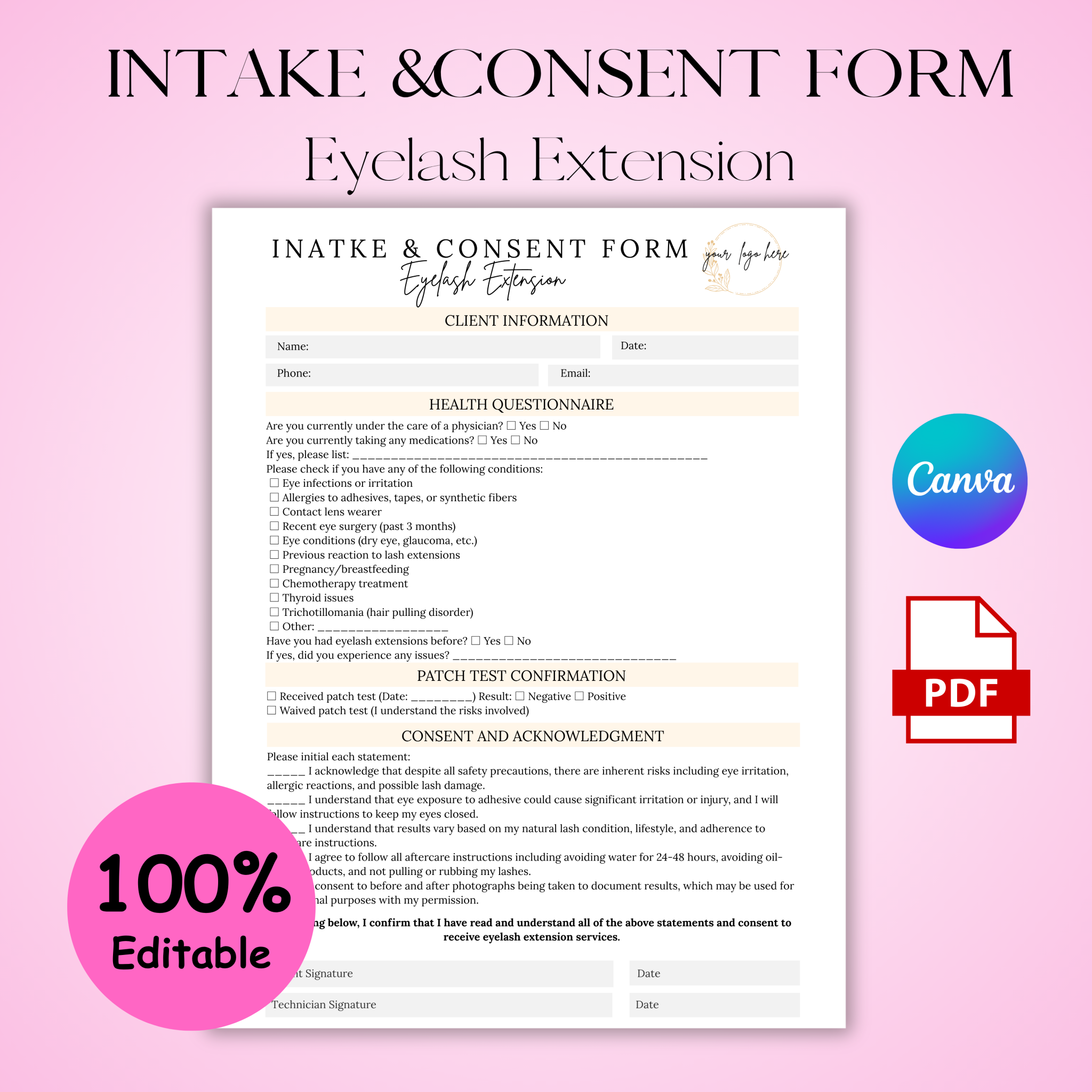 Editable Simple Eyelash Extension Intake and Consent Form
