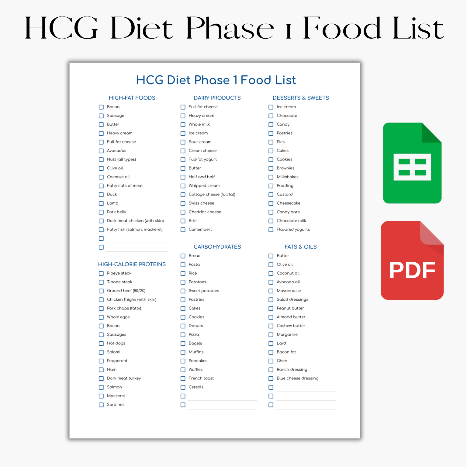 HCG Diet Phase 1 Diet Food List and Grocery List (google sheet & PDF)