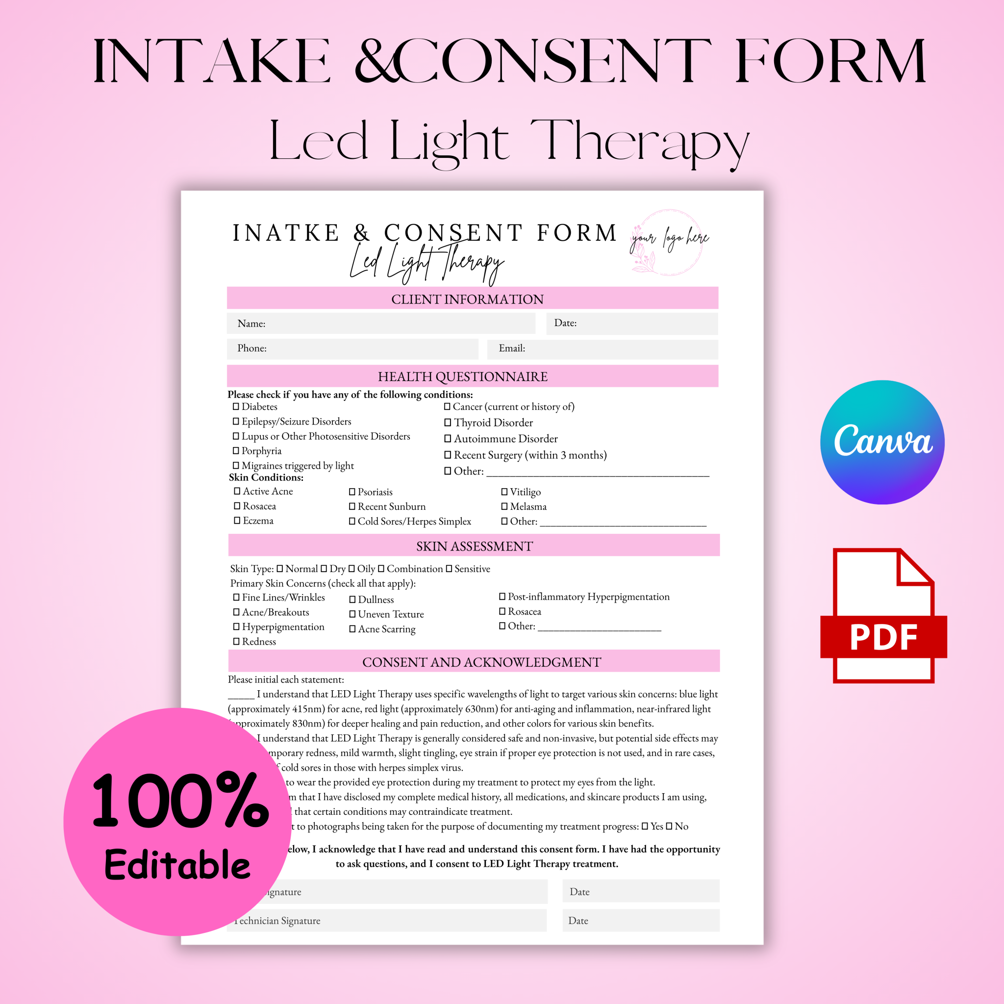 Editable Simple Led Light Therapy Intake and Consent Form