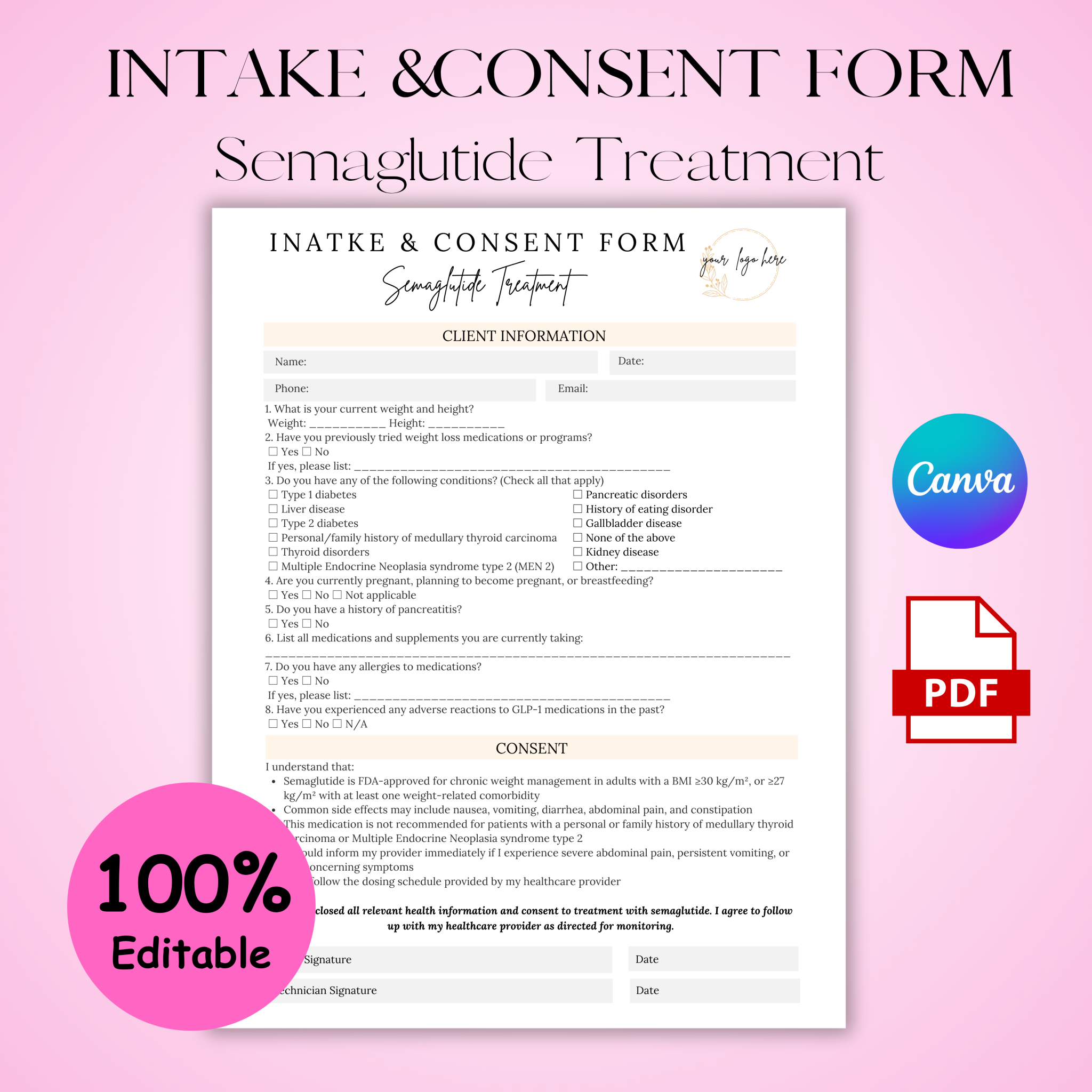 Editable Simple Semaglutide Treatment Intake and Consent Form