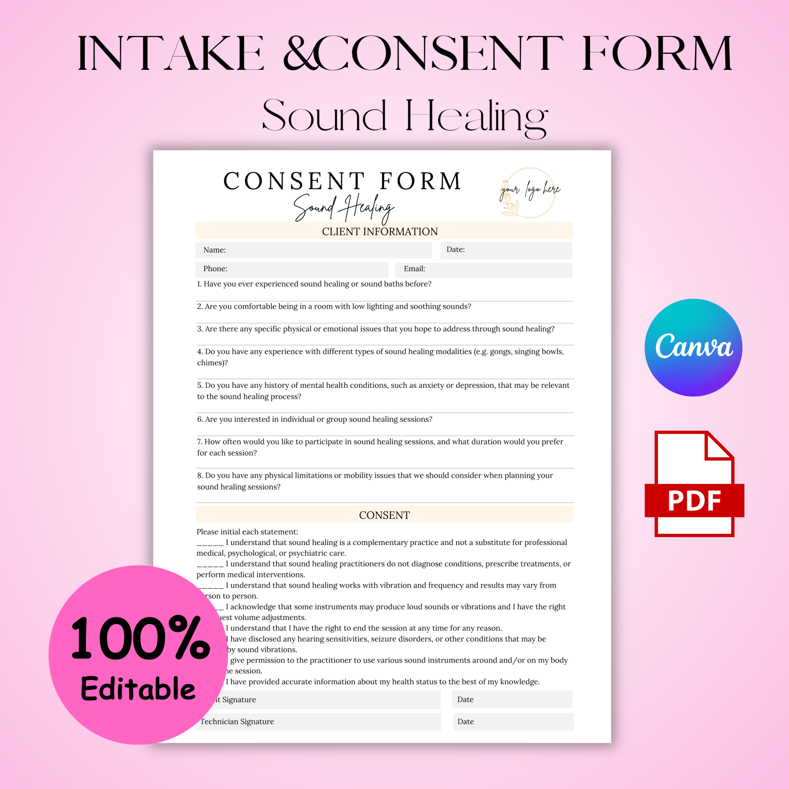 Editable Simple Sound Healing Intake and Consent Form