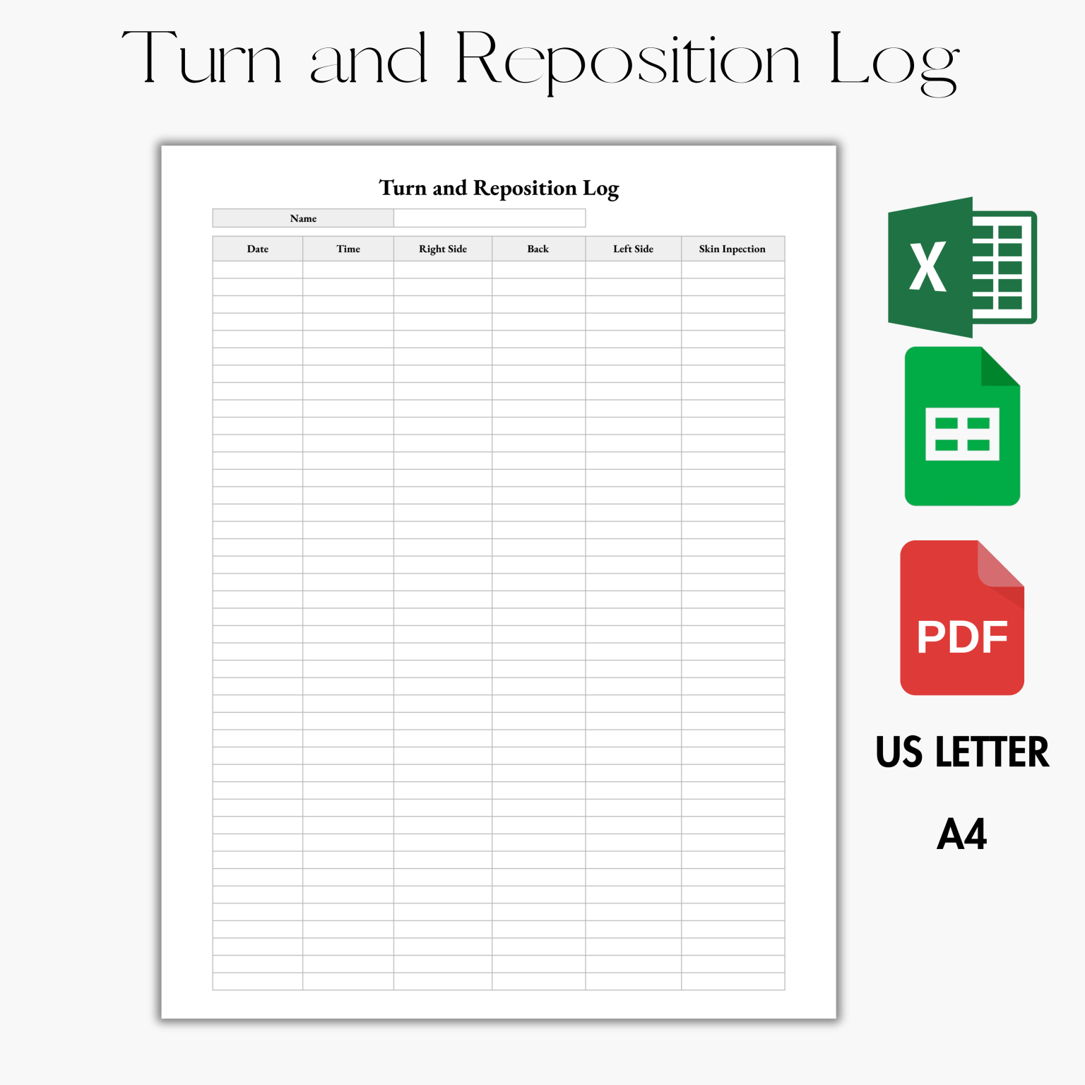 Google Sheet & Excel PDF Printable Turn and Reposition Log