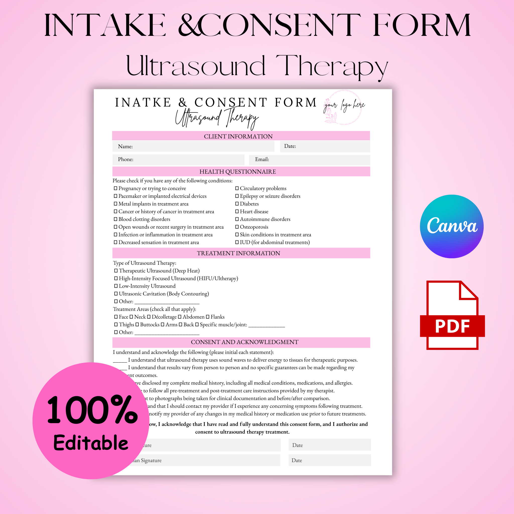 Editable Simple Ultrasound Therapy Intake and Consent Form