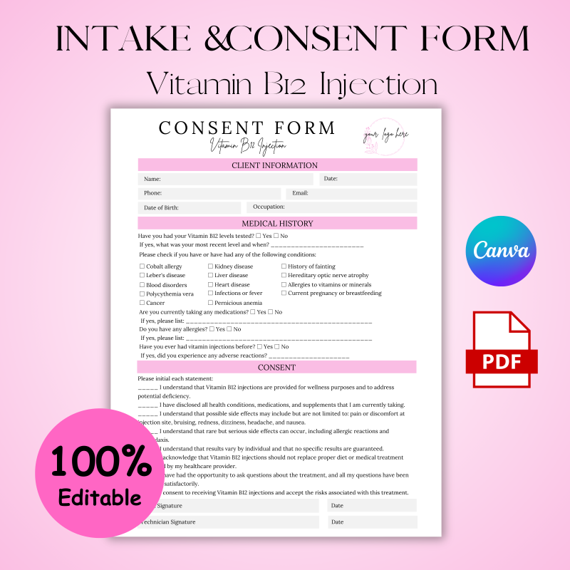 Editable Simple Vitamin B12 Injection Intake and Consent Form