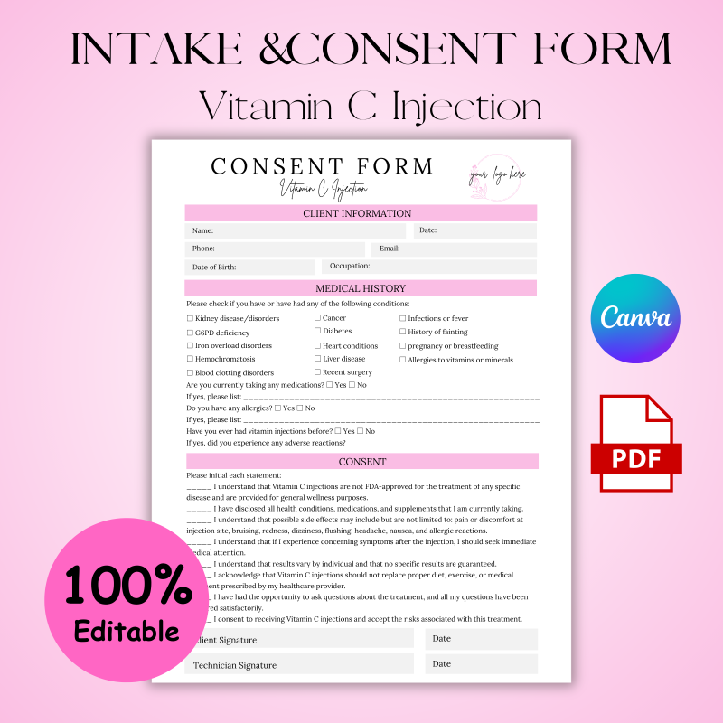 Editable Simple Vitamin C Injection Intake and Consent Form